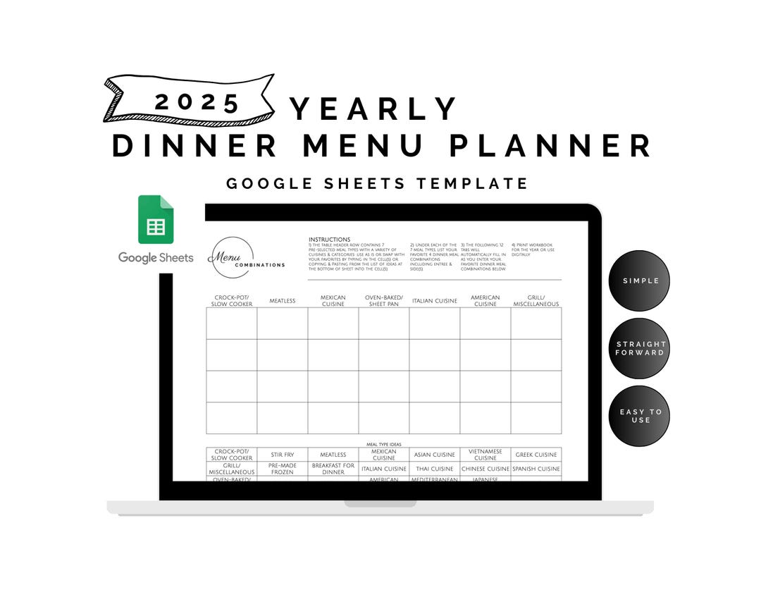 Yearly Dinner Menu Planner 2025, Google Sheets Template, Printable ...