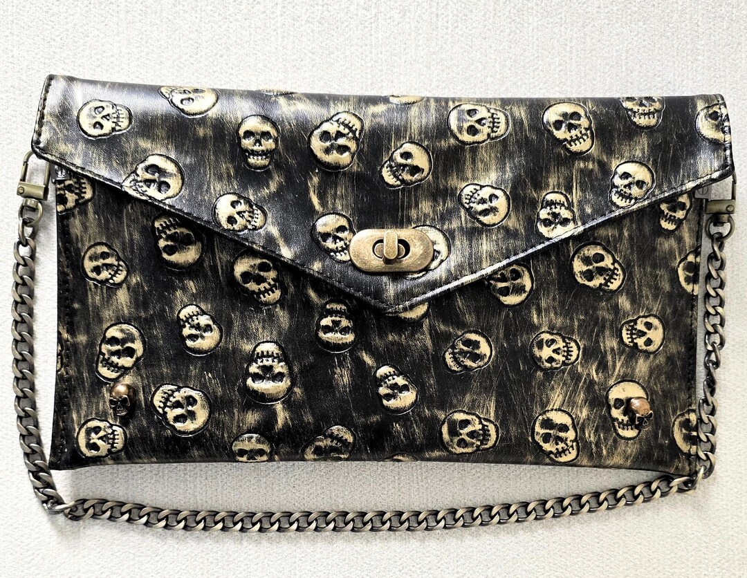 Gothic Skull Clutch: Black & Gold Chain Strap Punk Rock Handbag - Etsy