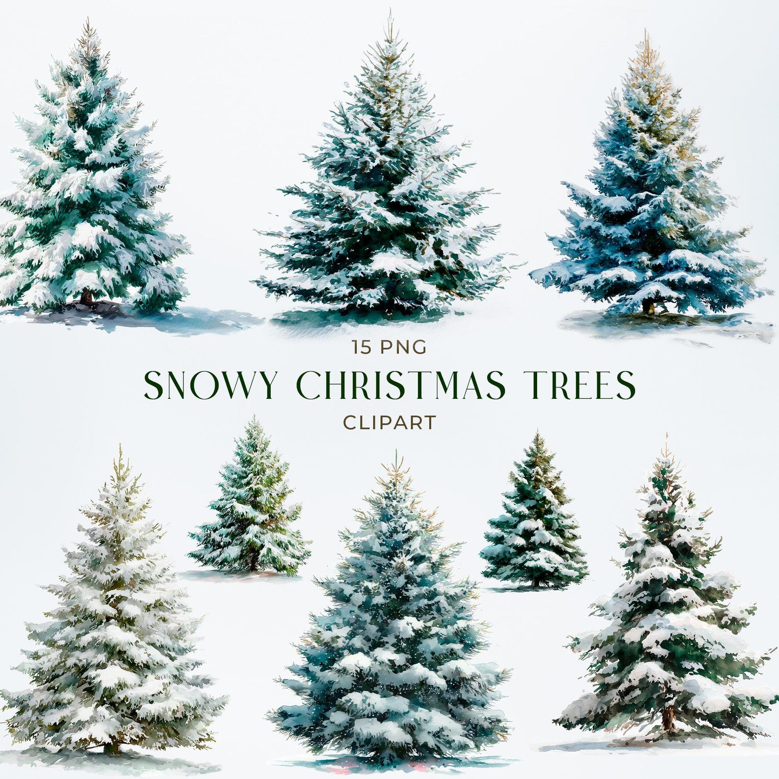 Snowy Christmas Tree Clipart – 15 Winter Pine PNG Set (digital Download ...