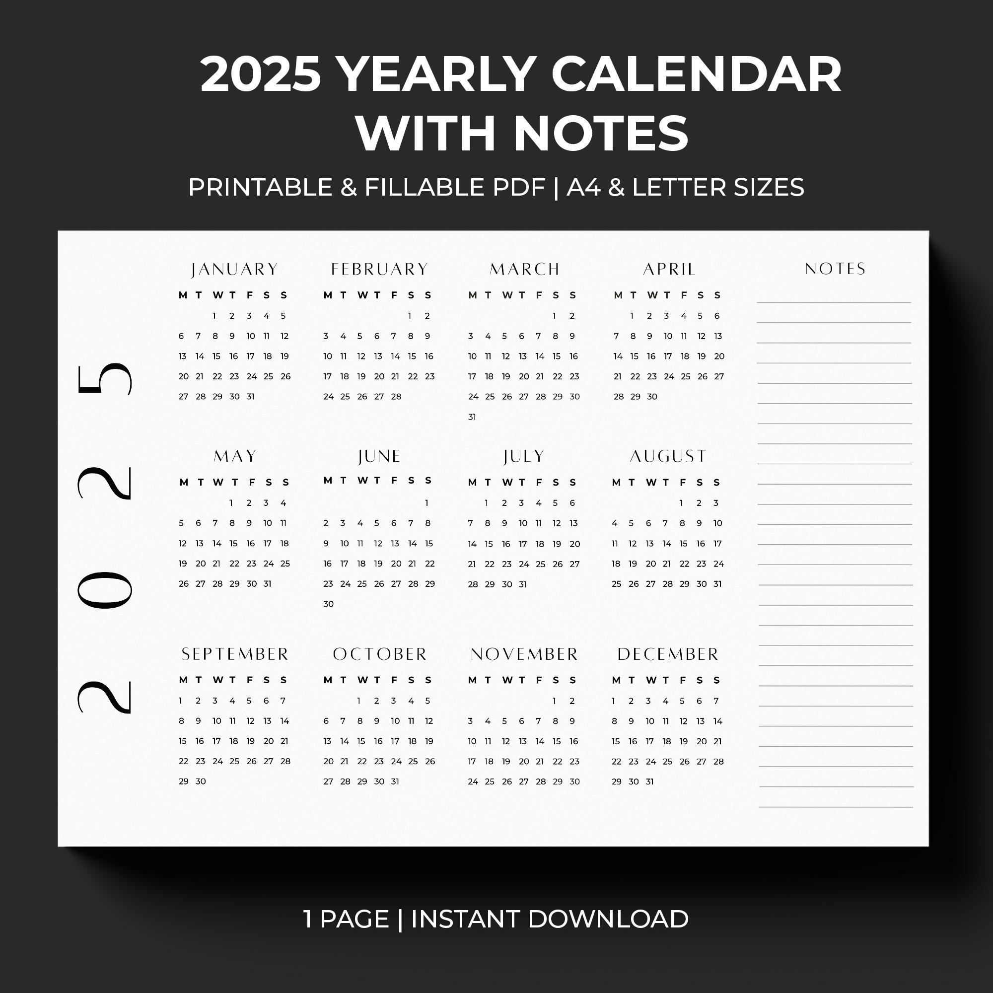 2025 Yearly Calendar Printable - Fillable PDF With Notes Section, A4 ...
