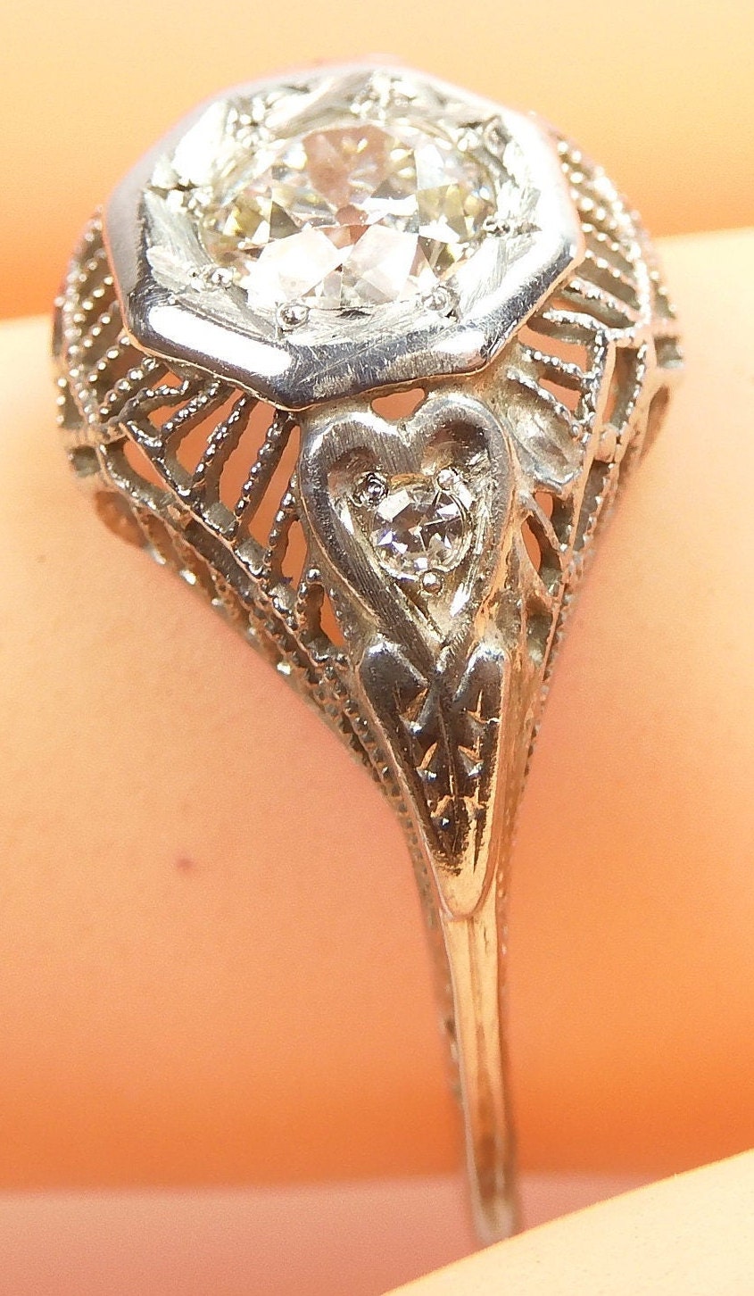 Antique Art Deco Vintage Diamond Filigree Engagement 18KW Ring | Etsy
