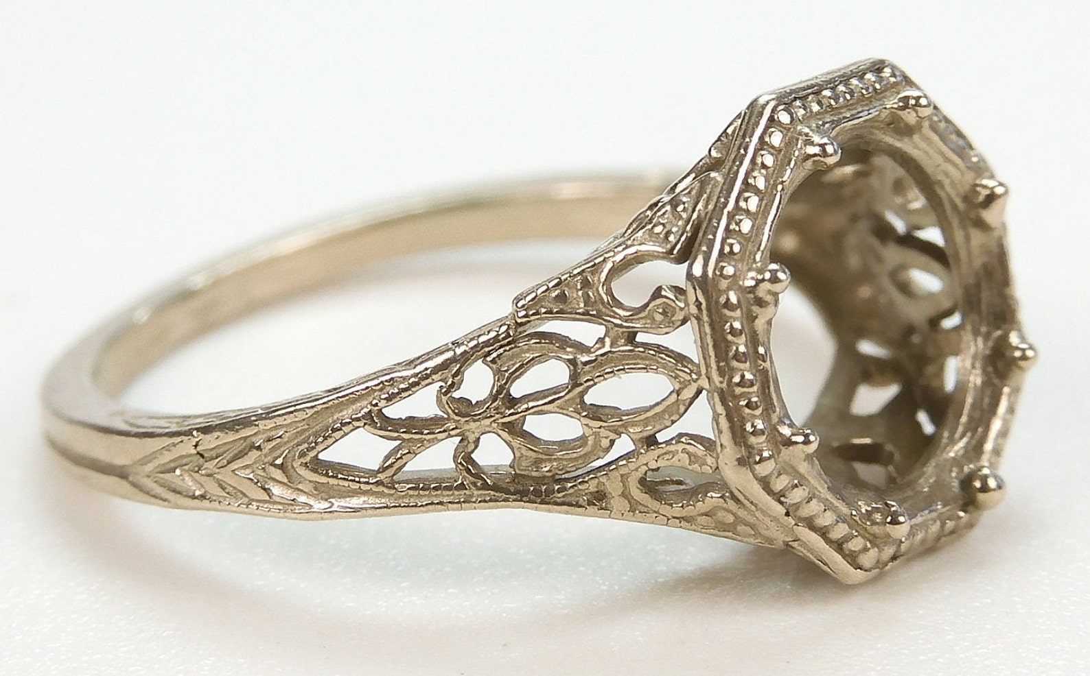 Antique 1920's Setting Mounting 14K White Gold Hold 8MM Ring Size 6 UK ...