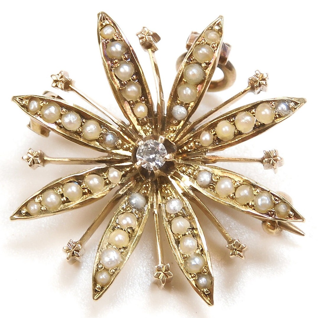 Antique Circa 1920's Diamond Pearl Sunburst Pin Pendant 14K Yellow Gold ...