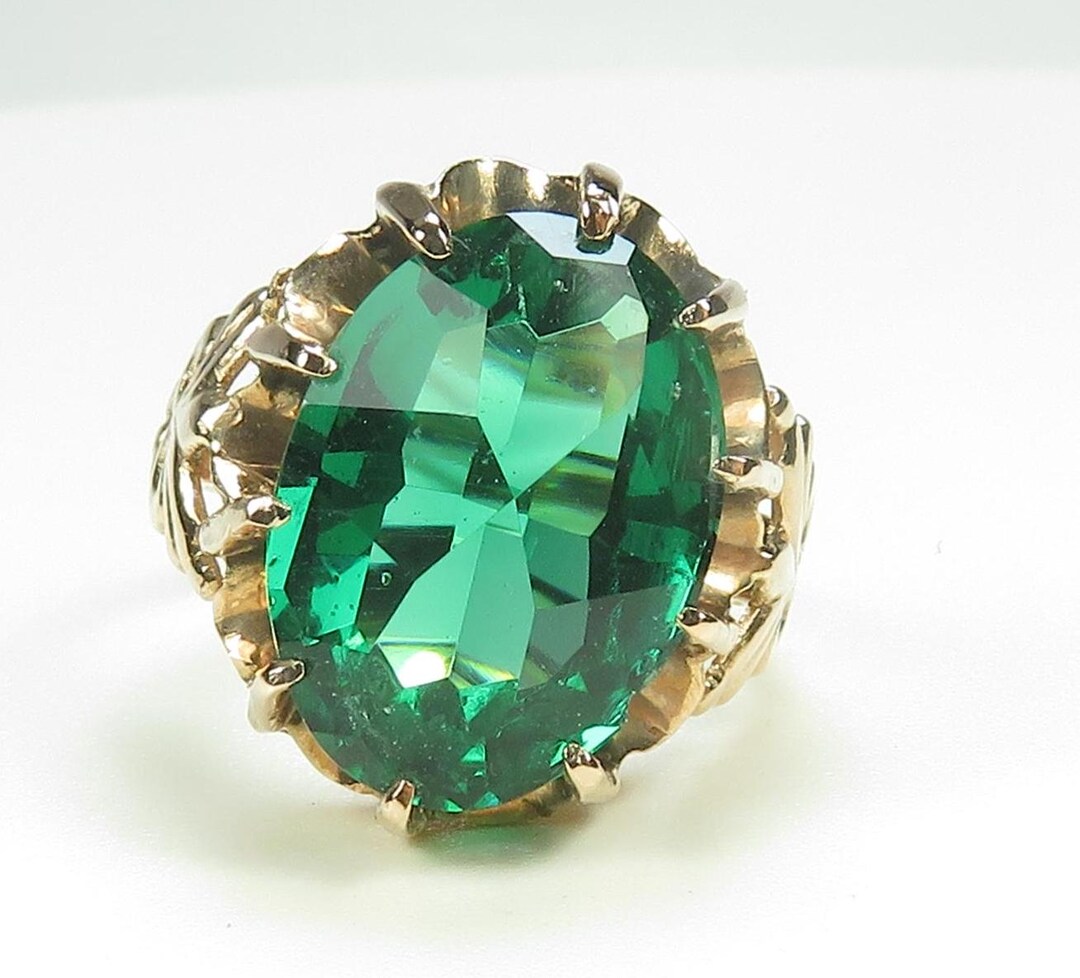Victorian 1900's Synthetic Emerald 13K Rose Gold Cocktail Ring Size 6.5 ...
