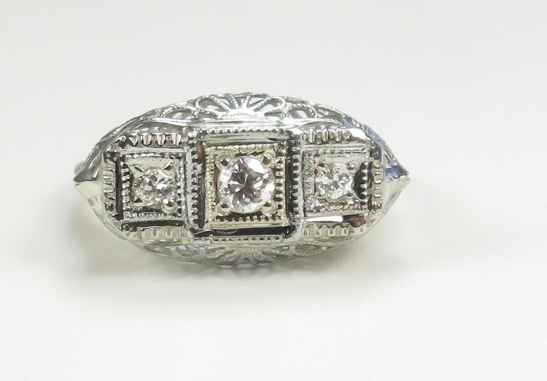 Antique 3 Diamond Filigree Engagement 17K White Gold Ring Size 6 UK-L1 ...