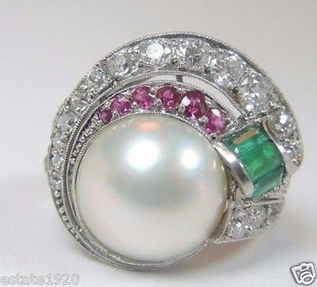 Antique Mobe Pearl Ruby Emerald and Diamond Platinum Filigree - Etsy
