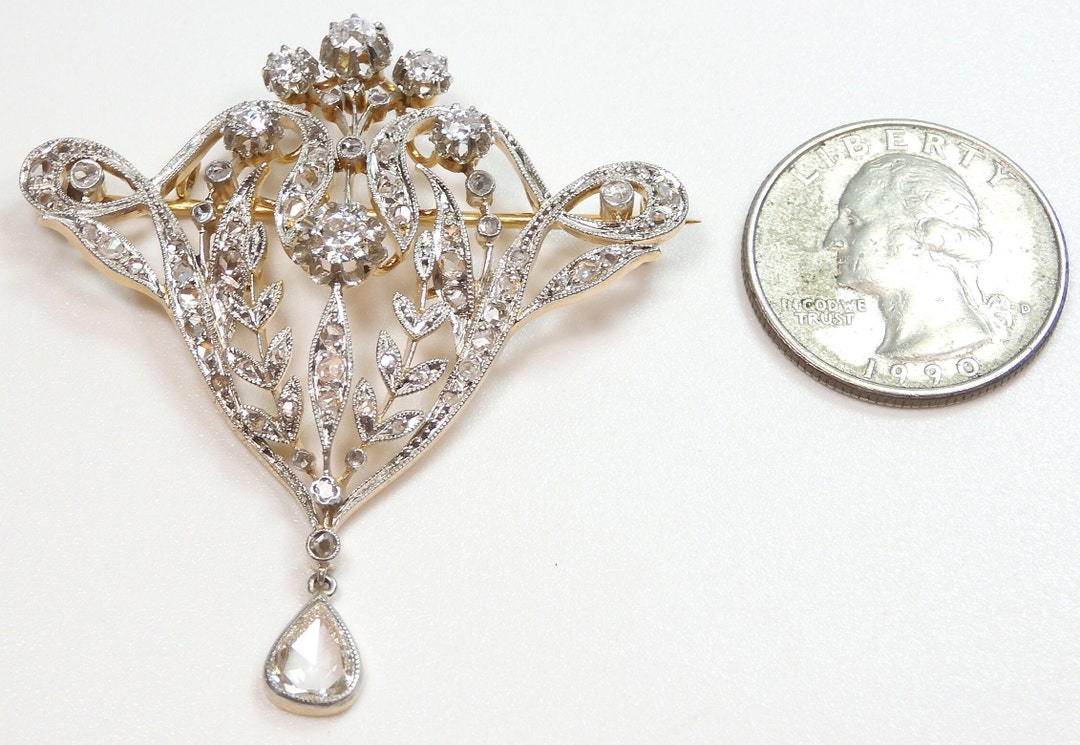 Edwardian Art Deco Antique Diamond French Brooch Pendant Platinum 18KY ...