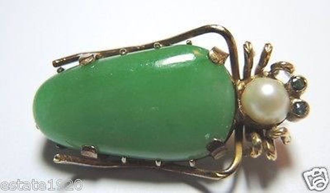 Antique Art Deco Vintage 14K Yellow Gold Jade Grasshopper Pin Hallmark ...