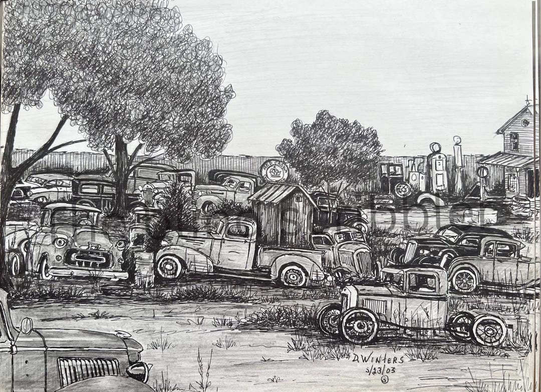 Original Hand Drawn Illustration. Junkyard With Vintage Cars| 11x8 1/2 ...