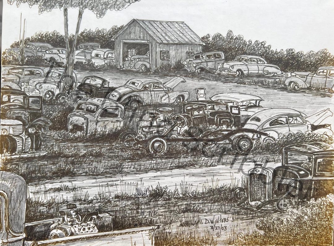 Original Hand Drawn. Vintage Junkyard With 1930's and 1940's Vintage ...