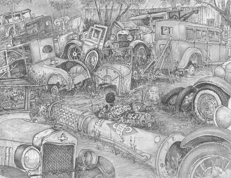 A Print of a Crowded Junkyard With Cars, Trucks and Old Gas Pumps and ...