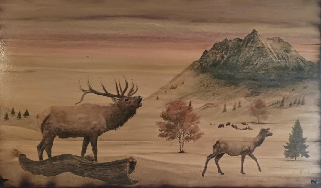 Drawing of a Bugling Bull Elk With Cows on Poplar Wood - Etsy