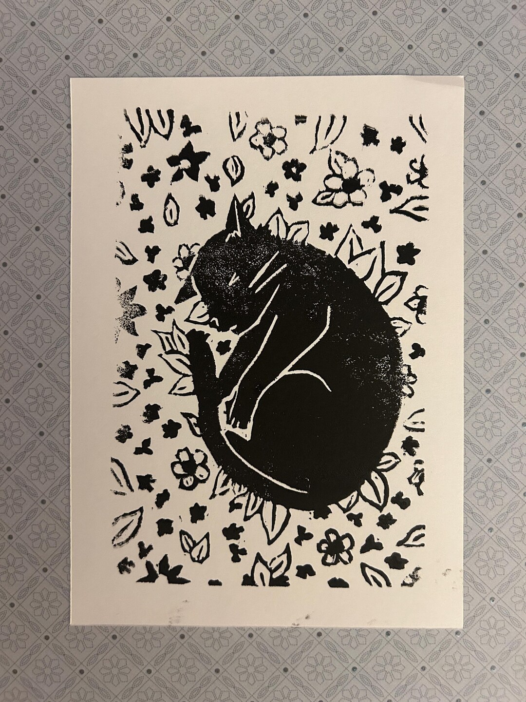 Flower Cat Linoleum Print - Etsy