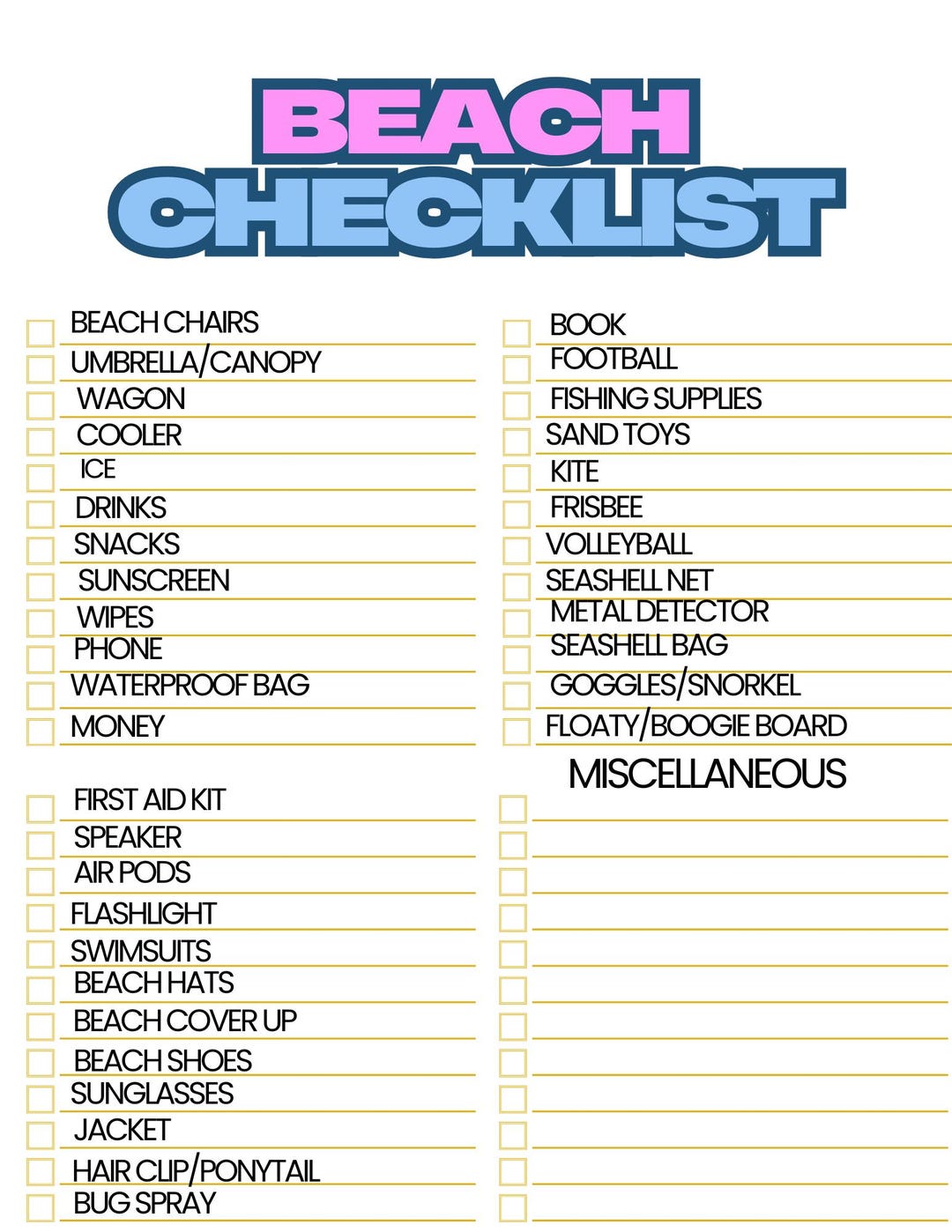 Printable Beach Checklist - Etsy