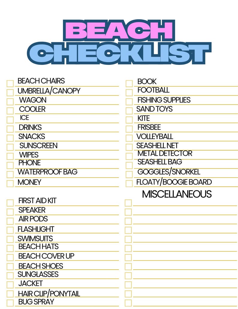 Printable Beach Checklist - Etsy