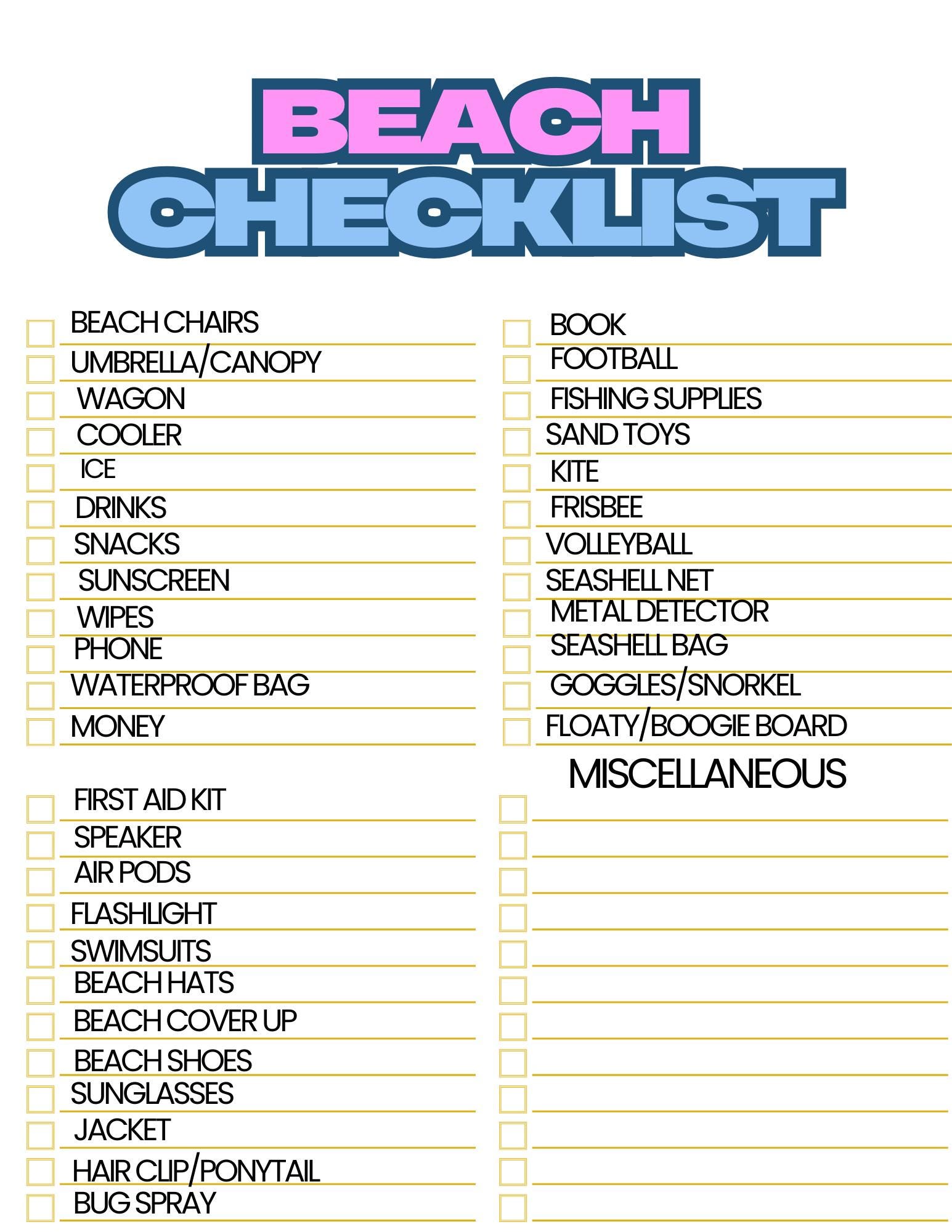 Printable Beach Checklist - Etsy