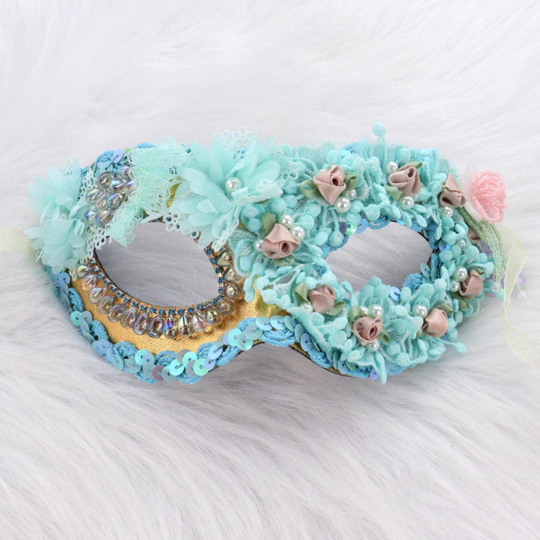 Gold Masquerade Mask: Cyan Flower Venetian Mask With Ribbons - Etsy