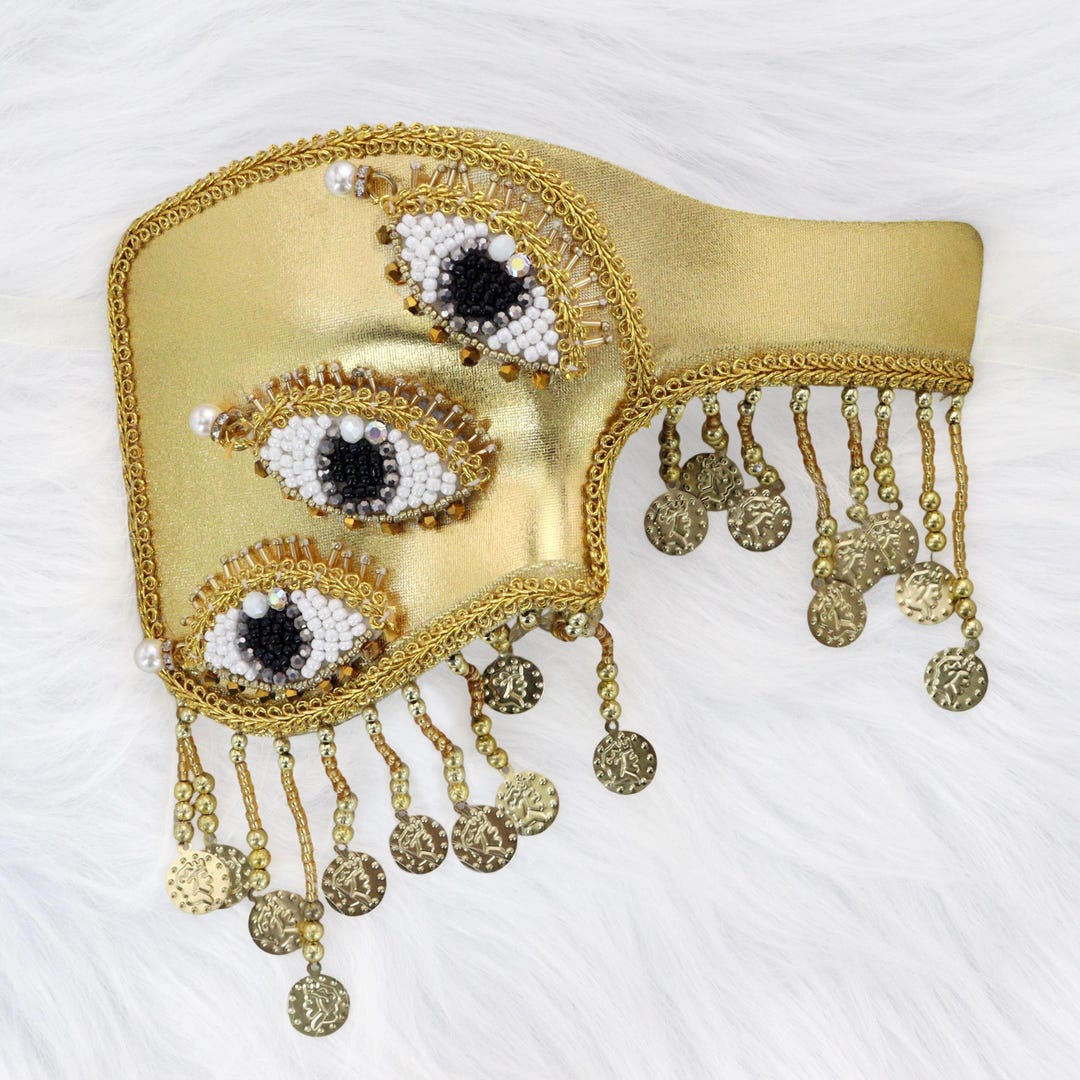 Gold Masquerade Half Mask: Three-eyed Venetian Mask With Pearl Pendant ...