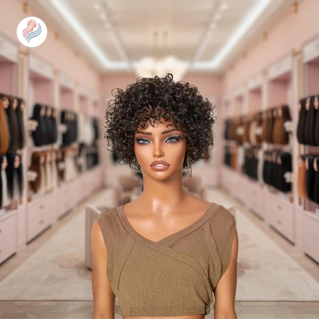 Throw on & Go Brown Highlight Curly Wig – 100% Human Hair Short Bouncy ...