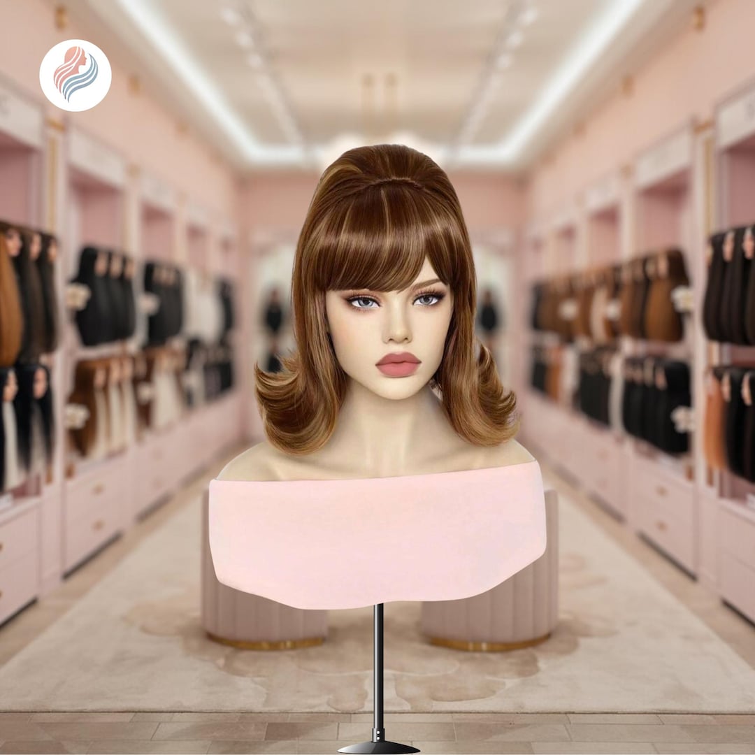 Retro Beehive Bob Wig With Bangs – 60s 70s Brown Blonde Short Wavy ...