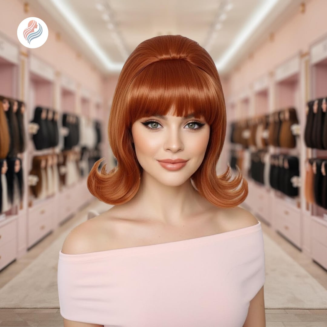 Retro Copper Orange Beehive Flip Bob Wig With Flat Bangs, 60s 70s High ...