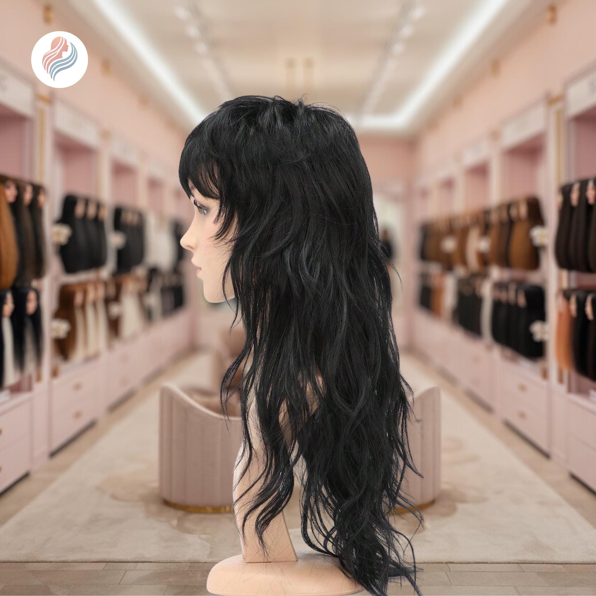Black Wolf Cut Mullet Wig With Bangs – 22" Wavy 80s 90s Cosplay Wig for ...