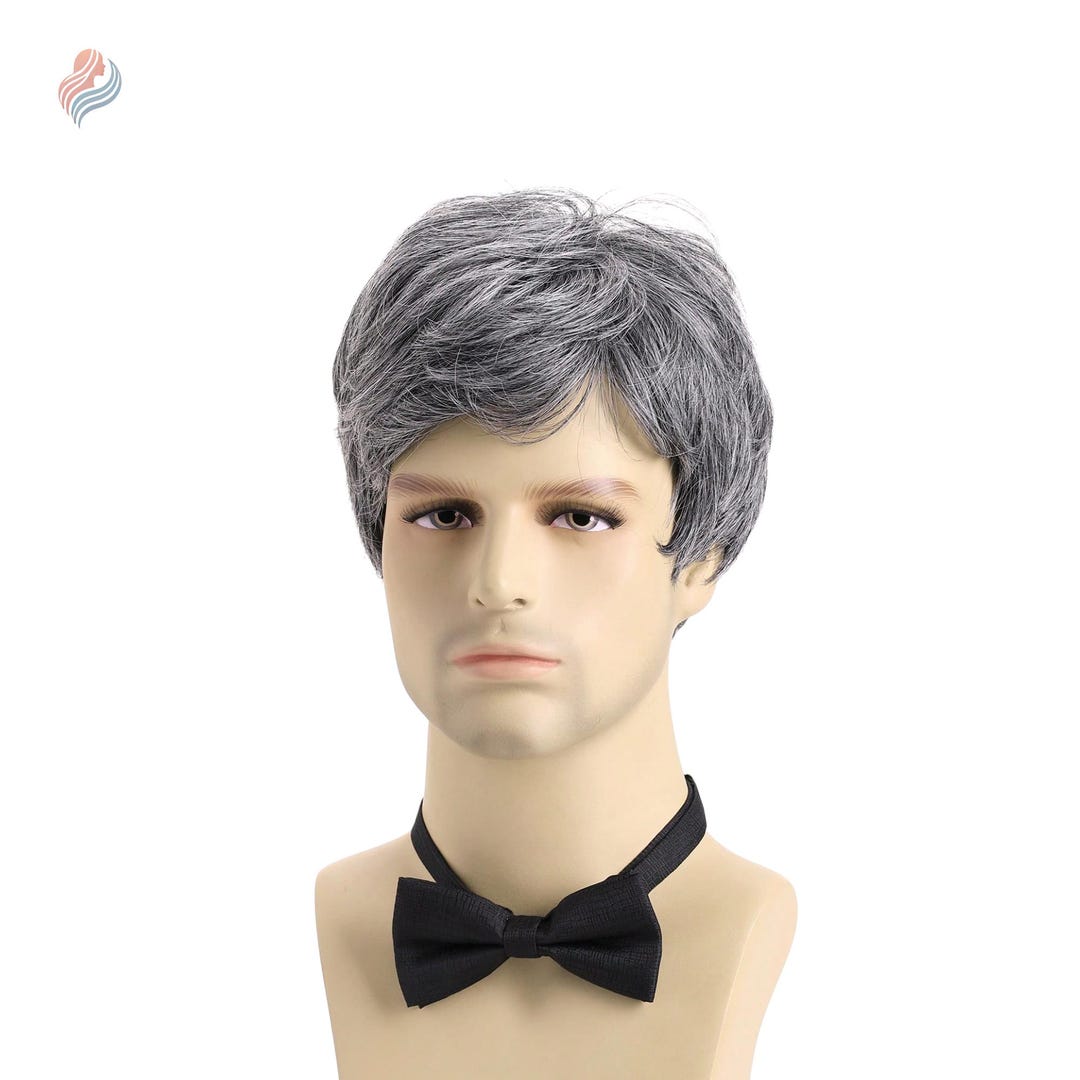 Short Curly Gray Wig for Men: Fluffy Synthetic Hair With Side Bangs - Etsy