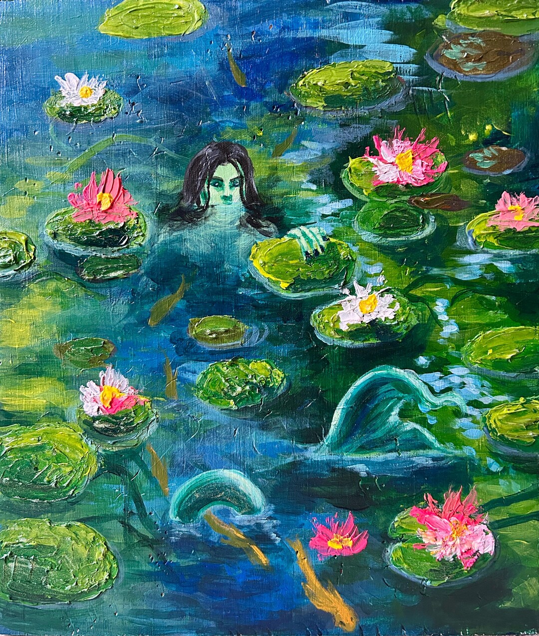 Mermaid Painting, Fantasy Art, Koi Pond, Lotus Flower, Siren Painting ...