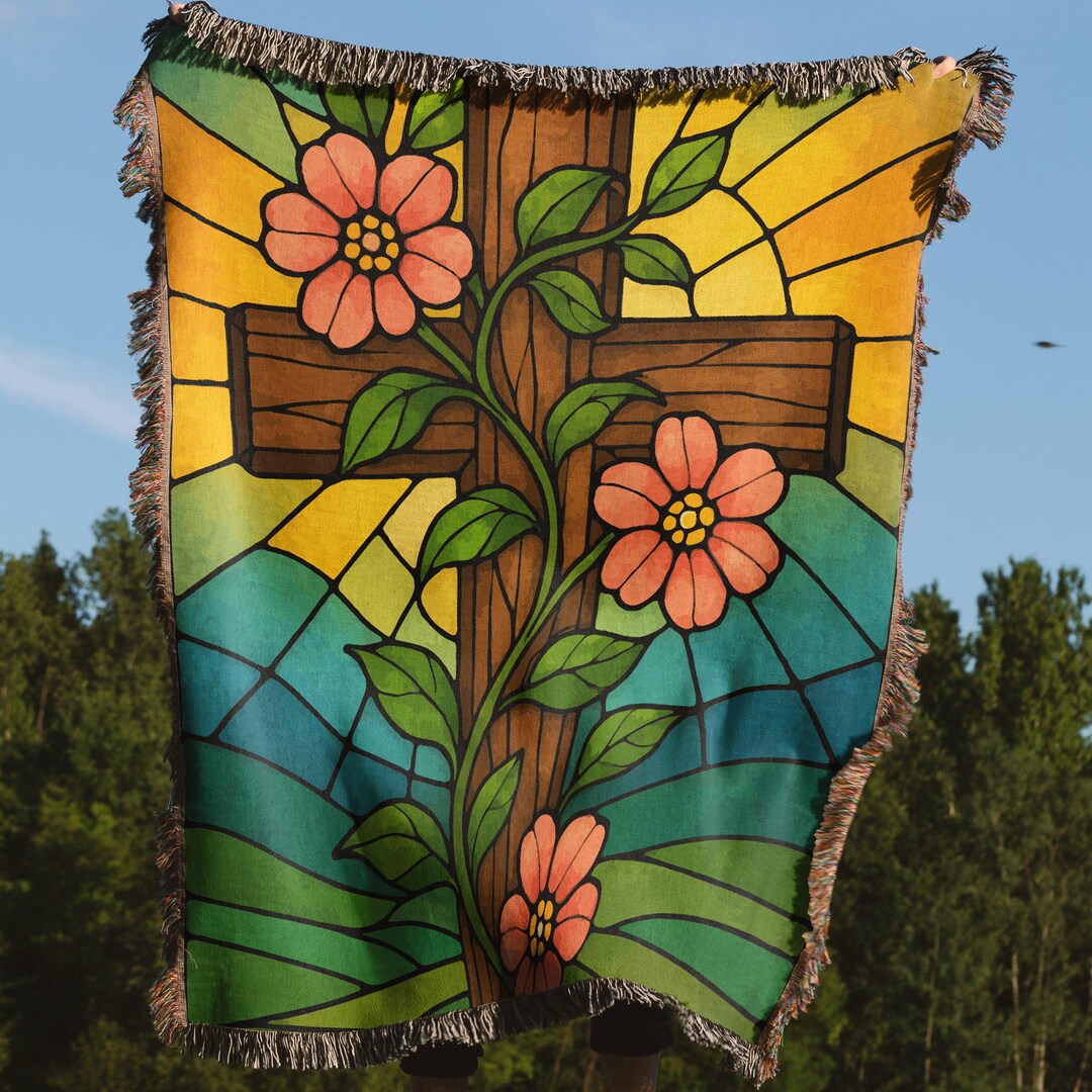 Floral Cross Blankets, Stained Glass Blankets, Christian Woven Blankets ...