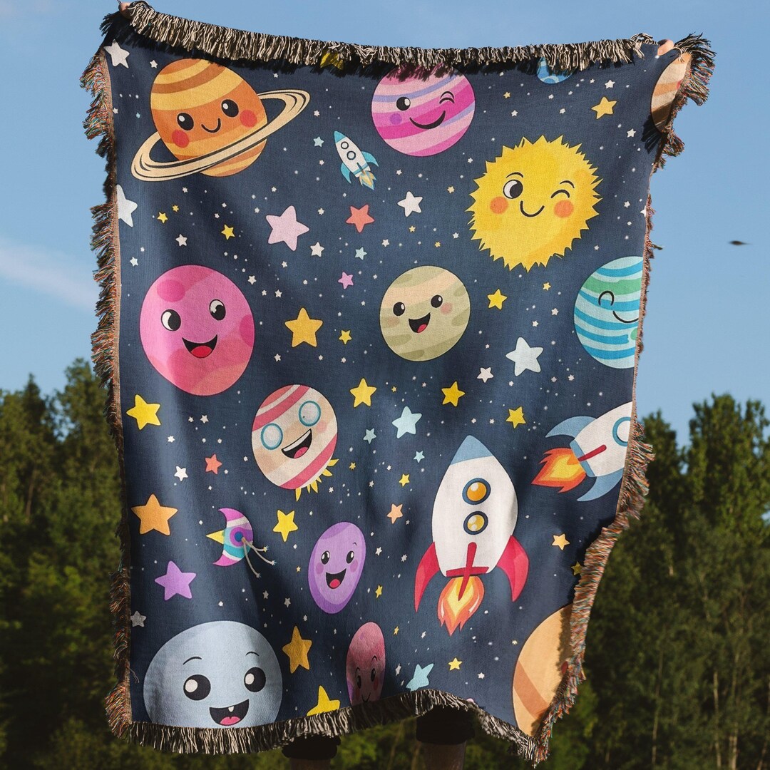 Cute Space Themed Blanket for Kids, Colorful Planet and Rocket Design ...