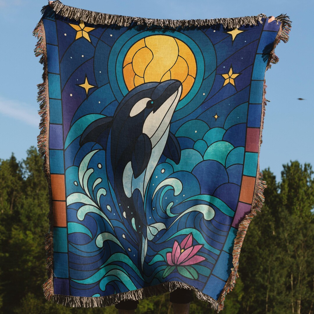 Orca Woven Blankets, Stained Glass Style Art, Whale Moon Stars Design ...