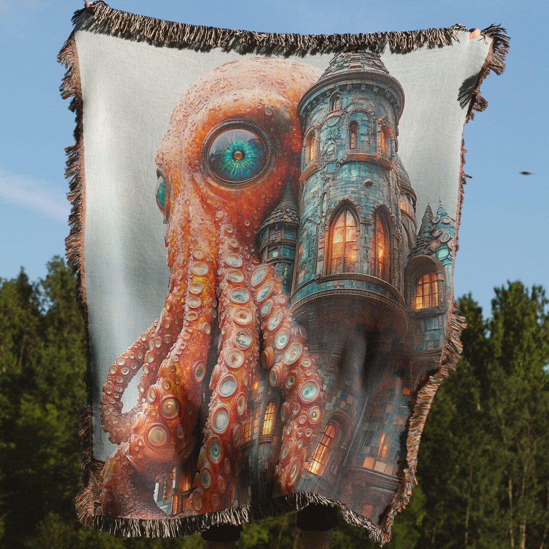Fantasy Octopus Castle Art Blanket, Magical Sea Creature Throw Blanket ...