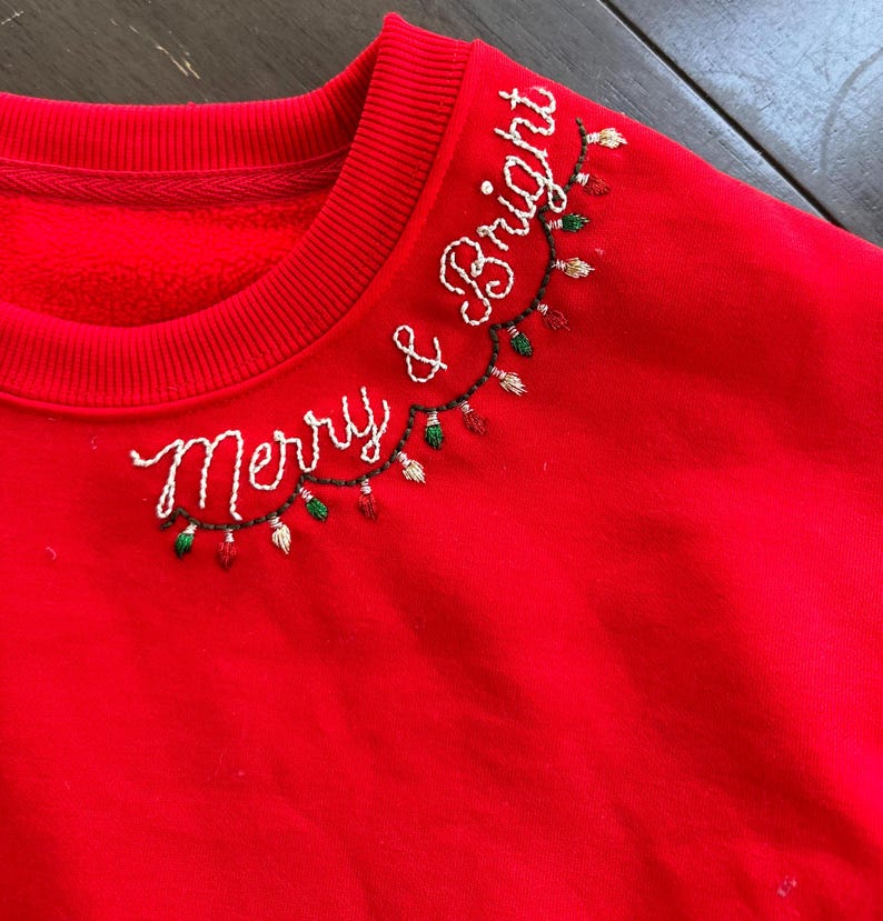 Hand Embroidered Sweatshirt - Merry & Bright - With Christmas Lights - Etsy