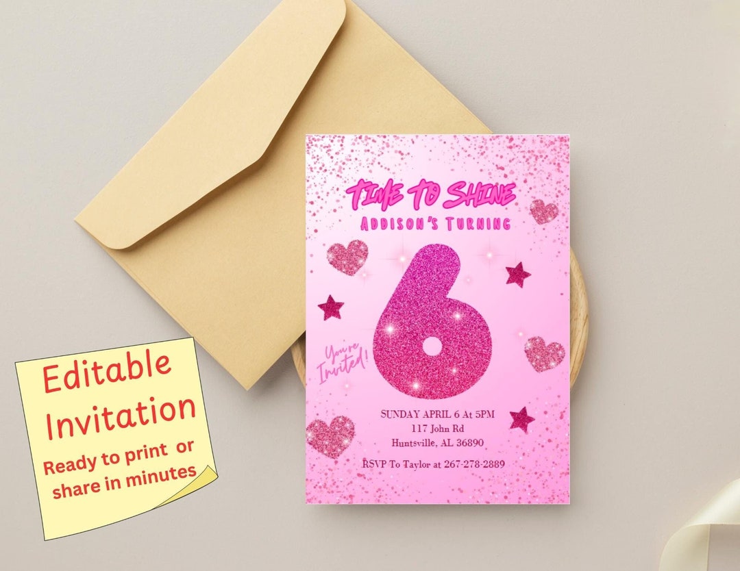 Time to Shine 6th Birthday Invitation | Editable & Printable | 6 Year ...
