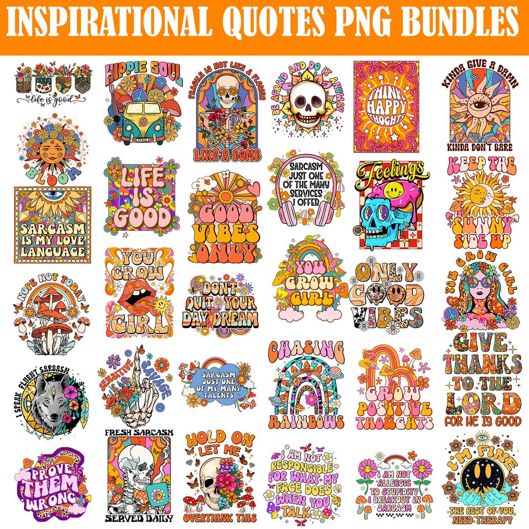 Retro Groovy Inspirational Quotes PNG Bundle – Uplifting, Motivational ...