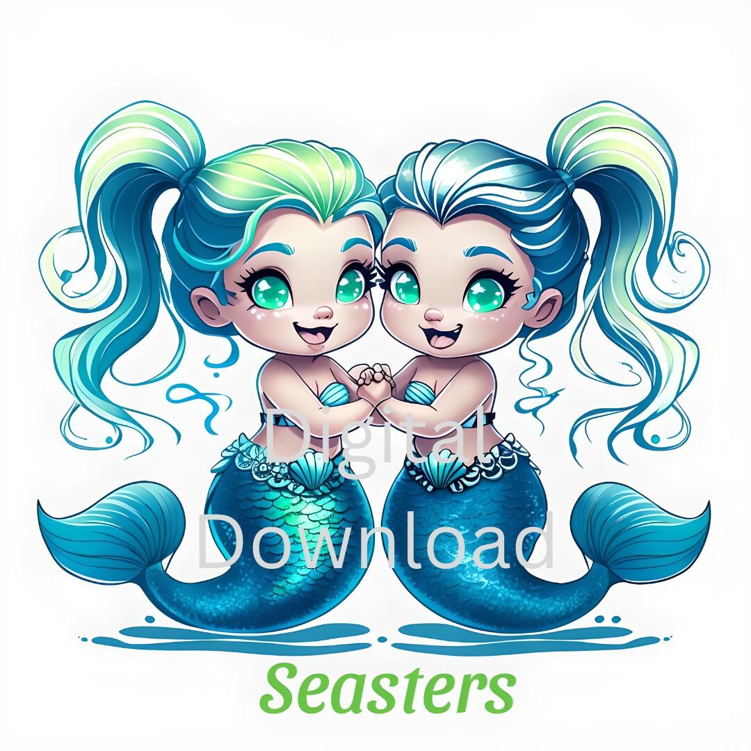 2 Cute Anime Twins Mermaid Cherub Seasters Holding Hands Clipart Bundle ...