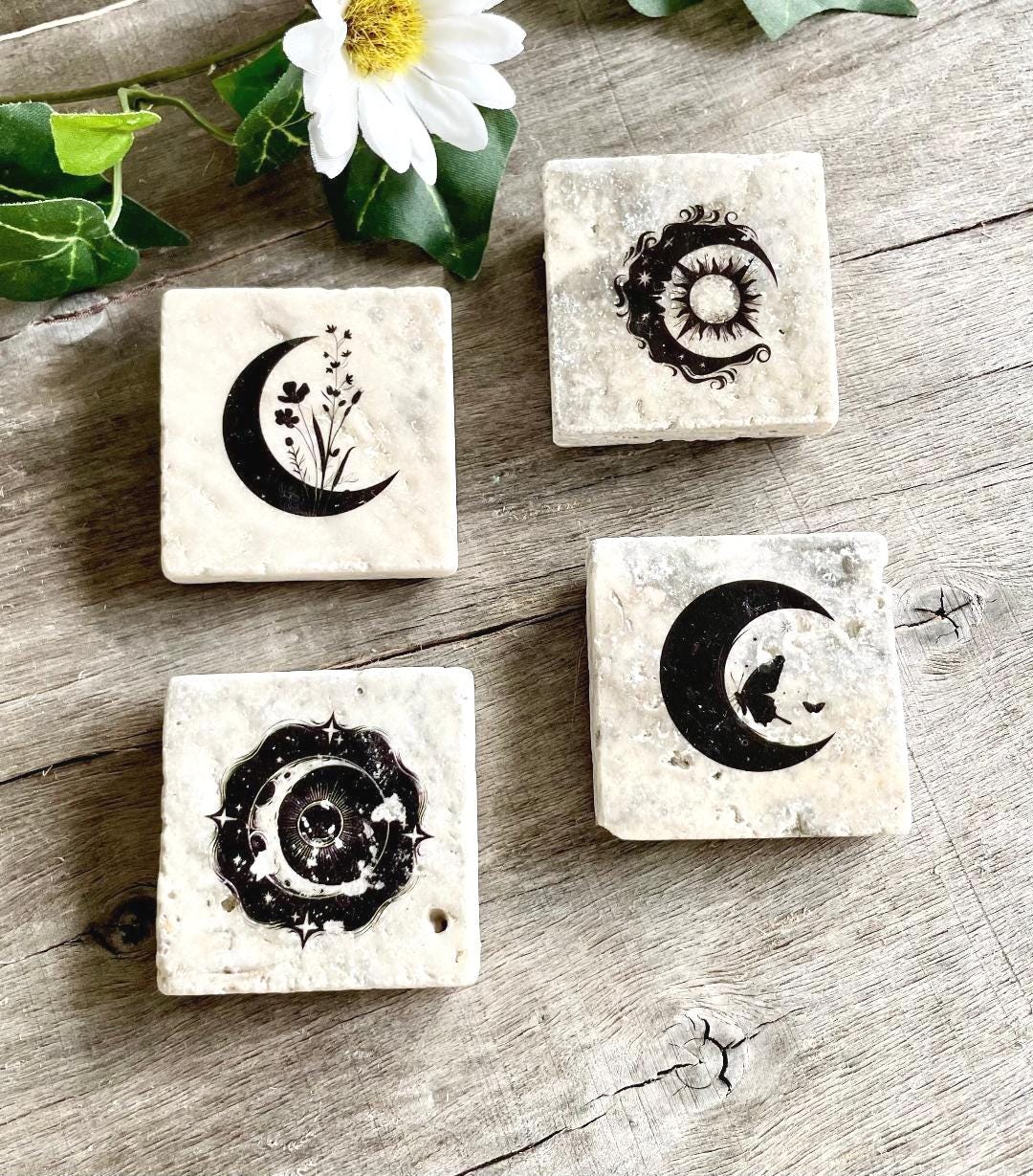 Boho Moon Travertine Stone Tea Light Trivets, Candle Holders Set of 4 ...