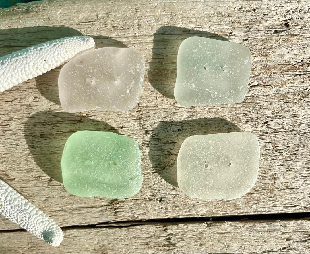 4 Sea Glass Beach Glass Square Shape Buttons, Seafoam & Clear, 2 Holes ...