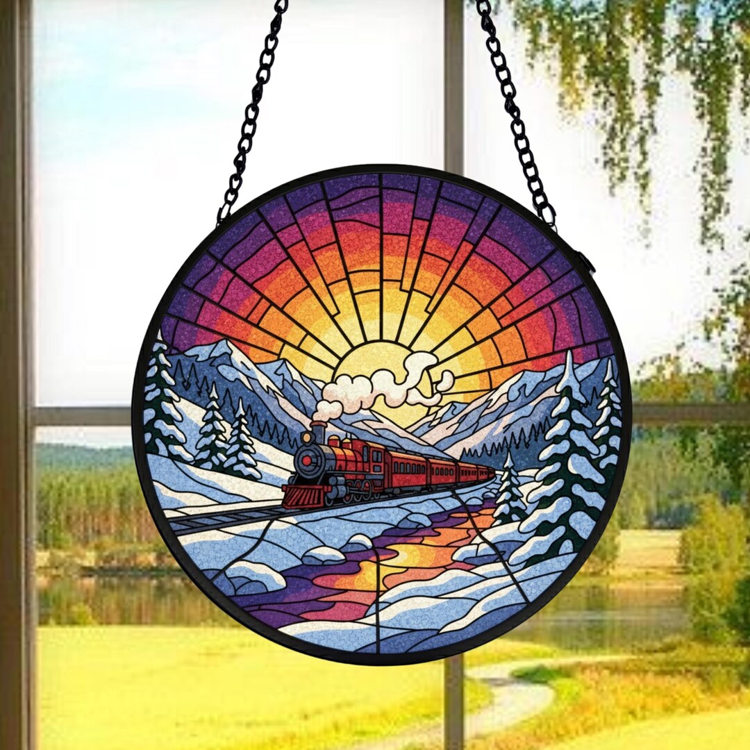 Vibrant Stained Glass Train Panel, Snowy Mountain Pass Window Decor ...