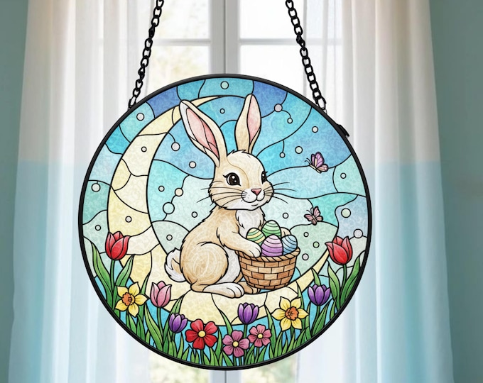 Easter Bunny Stained Glass Suncatcher, Moon Rabbit Window Decor, Spring ...