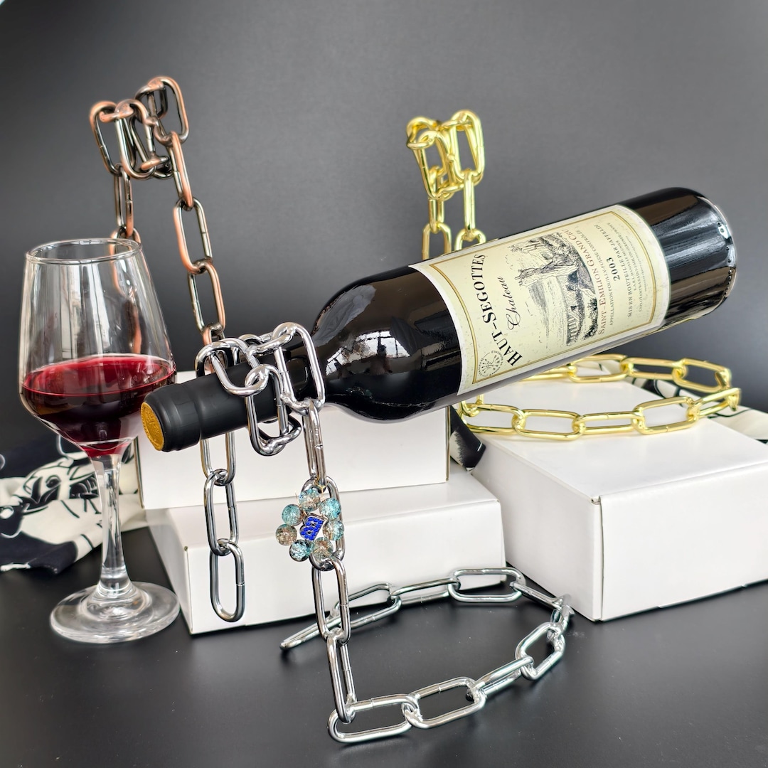 Personalized Floating Chain Wine Bottle Holder – Custom Initial Metal Wine Stand – Unique Bar ...