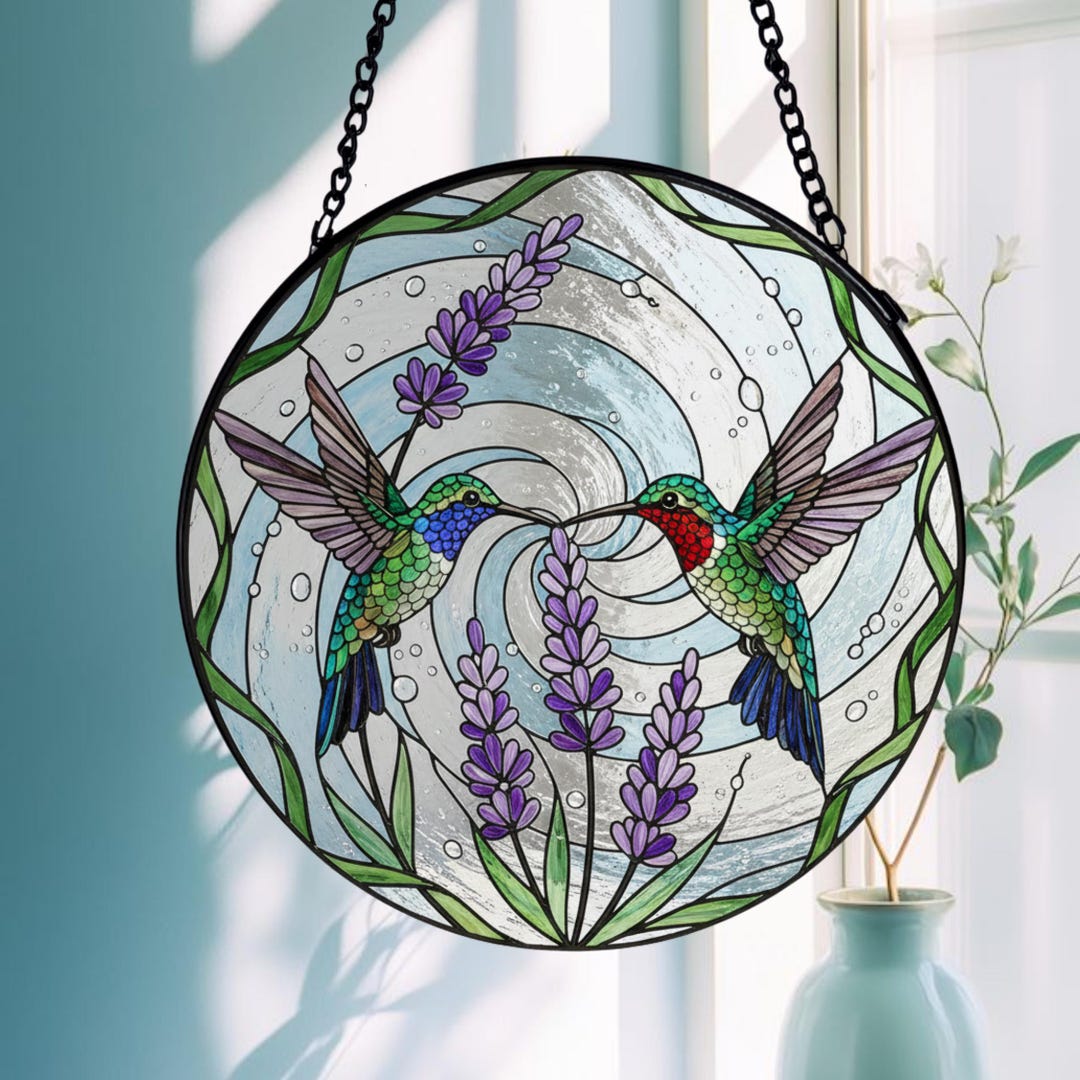 Stained Glass Hummingbirds With Lavender Suncatcher, Nature-inspired ...
