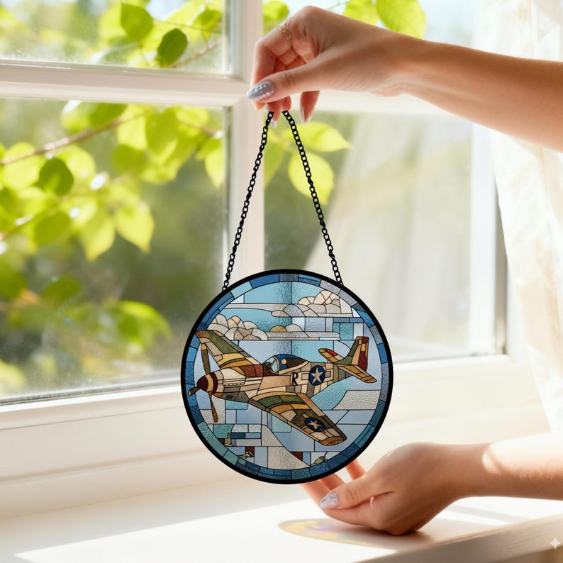 P-51 Mustang Stained Glass Art, Fighter Jet Window Hanging, Vintage ...