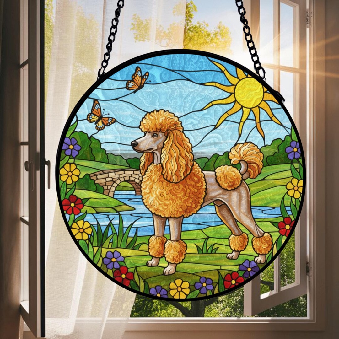Poodle Stained Glass Panel, Colorful Dog Art Decor With Intricate ...