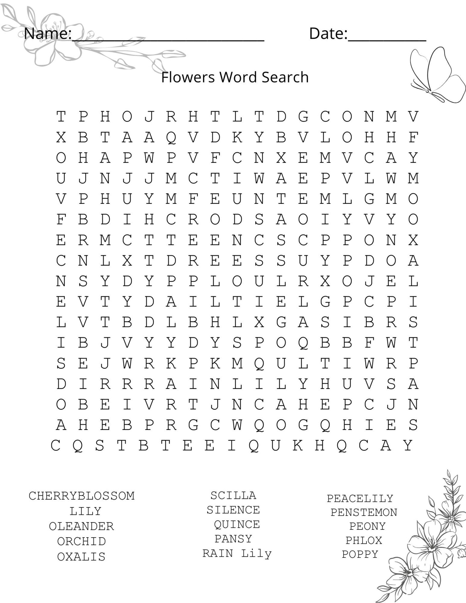 Flowers Name Word Search, Word Search Fun for Kids, Adult, Printable ...