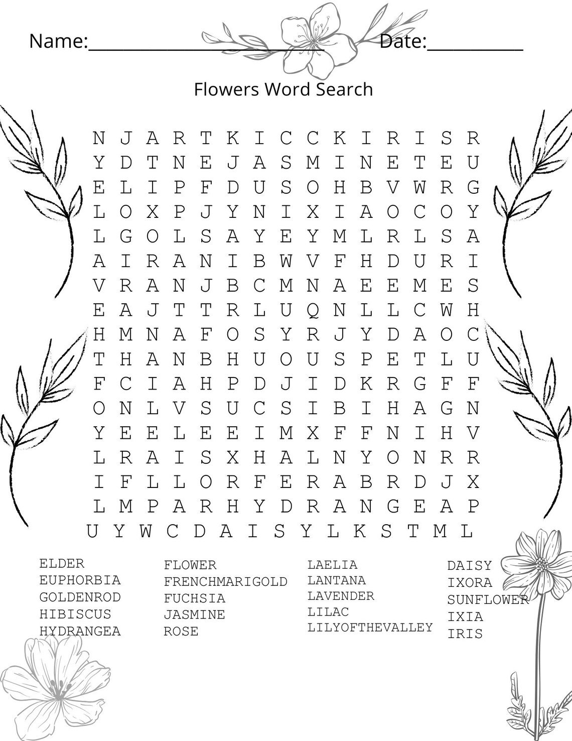 Flowers Name Word Search, Word Search Fun for Kids, Adult, Printable ...