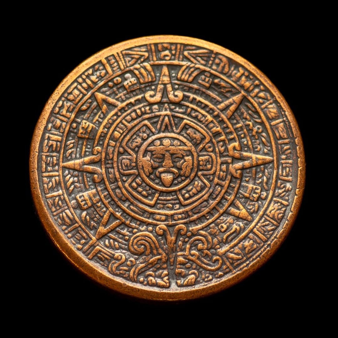 Aztec Sun Stone Calendar - Copper Worry Coin - Etsy