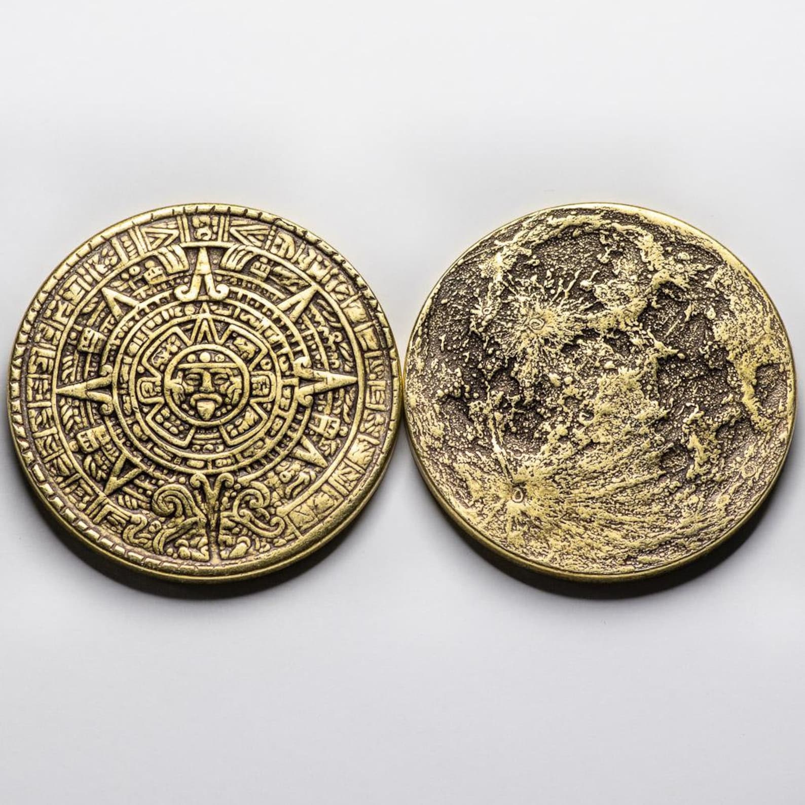 The Sun and Moon Worry Coin Aztec Sun Stone Calendar and | Etsy