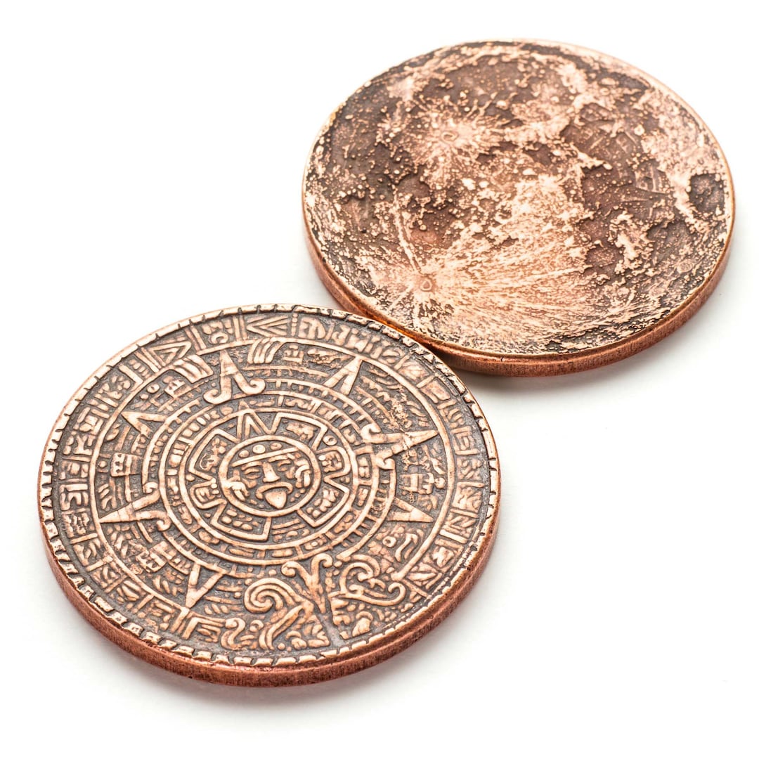 Copper Sun and Moon Worry Coin - Aztec Sun Stone Calendar and Moon - Etsy