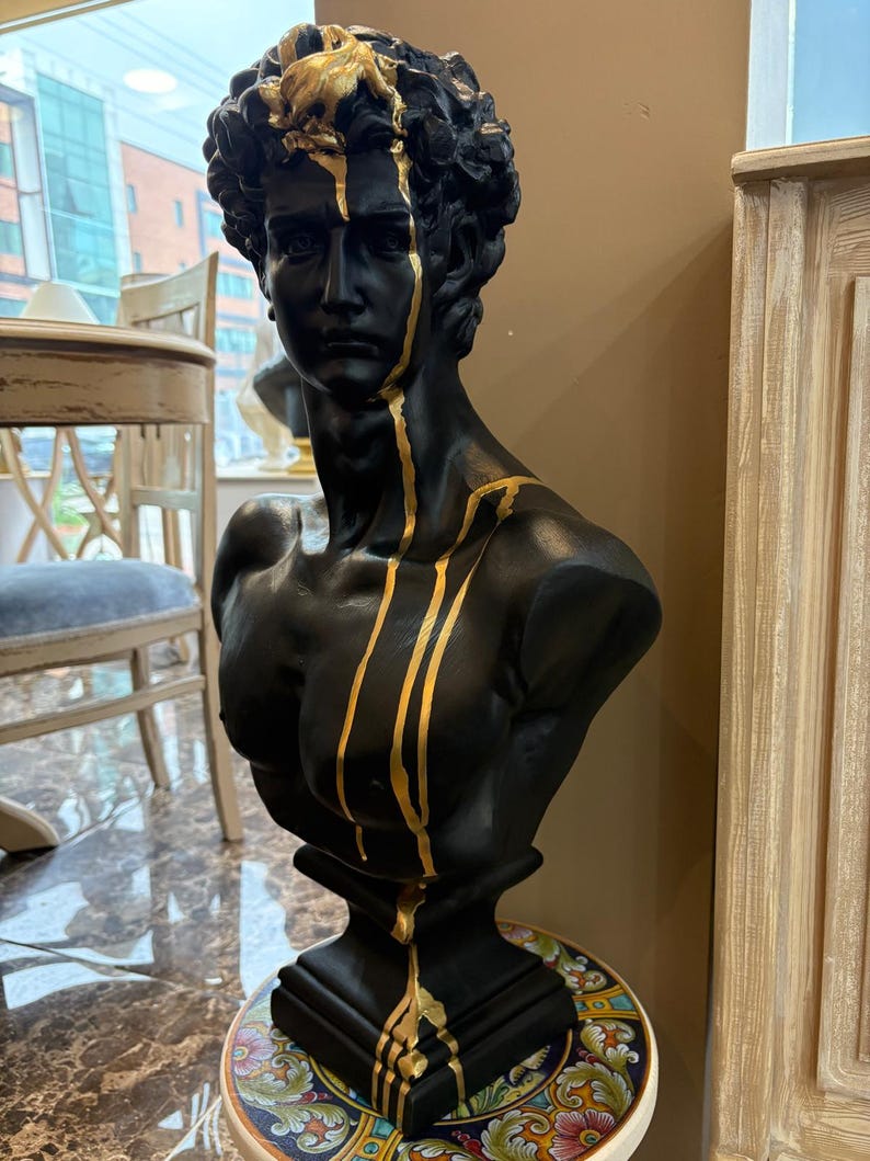 David Bust Statue - Black and Gold Drip Art - Sculpture Home Decor ...